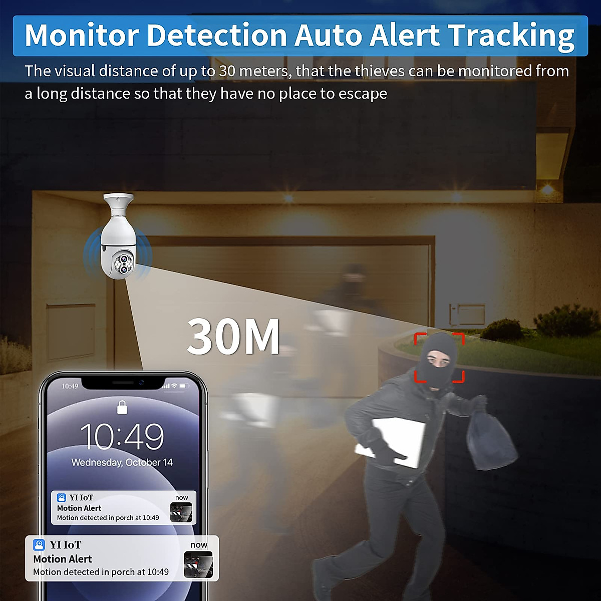 Upgraded 10x Zoom Dual Lens Light Bulb Camera, Waterproof Light Bulb Security Camera, 2MP 360° Light Bulb Camera Wifi Outdoor, 2.4Ghz 30m Auto Tracking Night Vision Motion Detection Light Bulb Camera