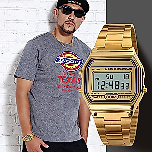 VIGOROSO Men Lady Vintage Retro Gold Stainless Steel Digital Casual Watch Alarm Stopwatch(Gold)