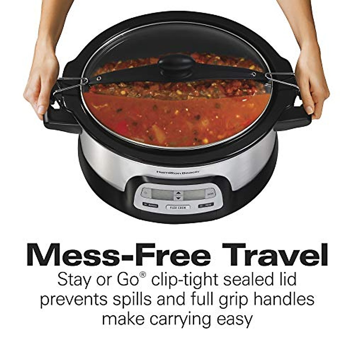 Hamilton Beach 33861 Portable Programmable Slow Cooker, Dishwasher Safe Crock, 6 Qt, FlexCook Dual Digital Timer/2 Heat Settings, Lid Lock for Easy Travel, Silver