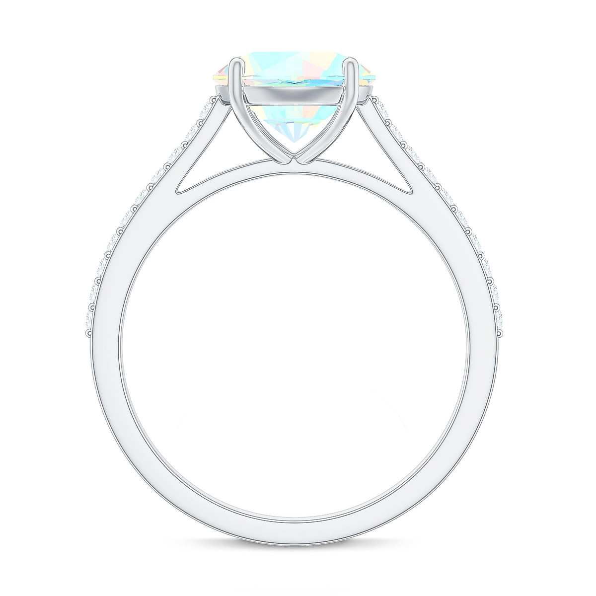 Natural Opal 8mm Round Engagement Ring for Women, AAA Quality, Rainbow Opal Diamond Solitaire Ring - Ready to Gift, 14K White Gold, Size:US 8.50