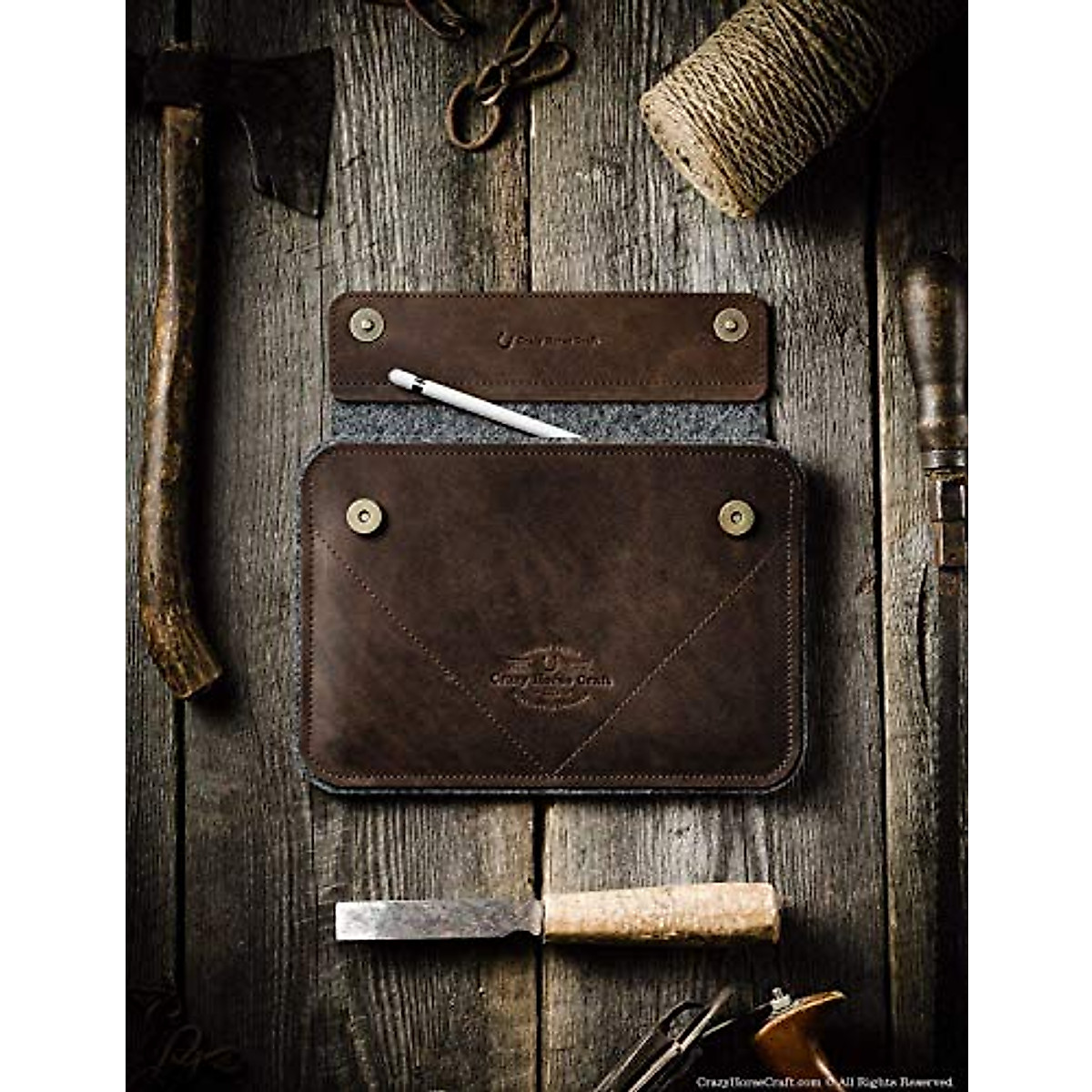iPad Pro 12.9 inch leather case | Wood Brown, iPad Pro 11 cover, 10.2 inch sleeve, 100% wool felt, pencil holder handmade Crazy Horse leather tablet bag, NEW 2020 iPad Air 10.9 inch, Crazy Horse Craft