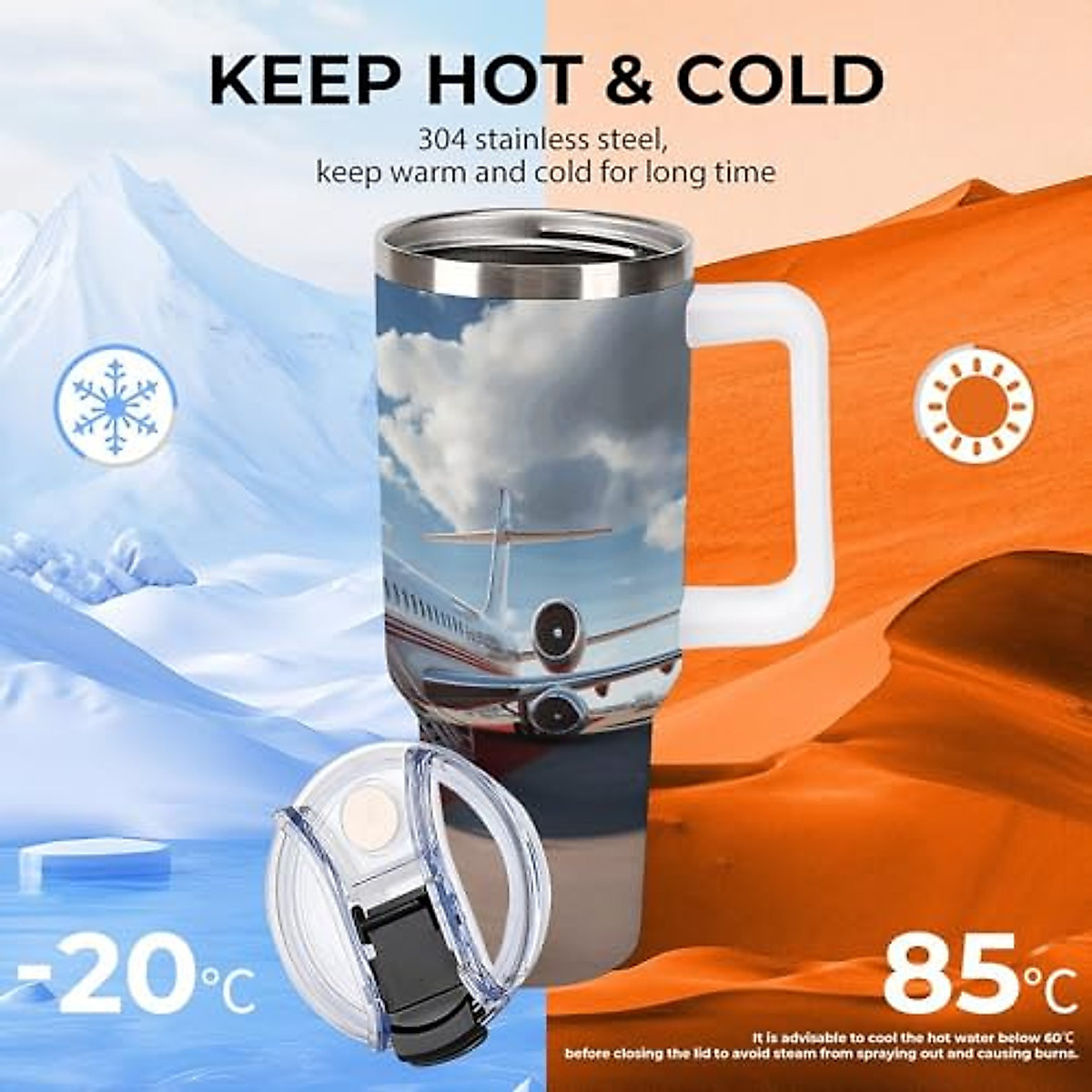 LLUTSNTH 40 Oz Vacuum Tumbler with White Handle Leakproof Insulated Tumbler Red Carpet Airplane Stainless Steel Travel Mug with Lid And Straw Coffee Cup Cute Water Bottles Cup Holder Friendly