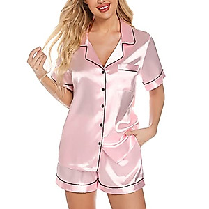 Pjmlifecoco Silk Satin Pajamas Women Short Sleeve Sleepwear Button Down Loungewear Soft Summer Pjs Shorts Set Pink