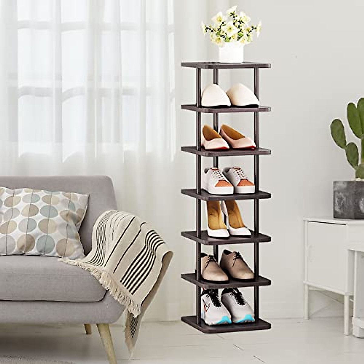 SORCEDAS Shoe Rack Organizer 7 Tier Vertical Storage Stand Narrow Shelf for Small Spaces Entryway Corner Closet Door Bedroom Black (Black + Rustic Dark Brown, 7 Tier-Small)