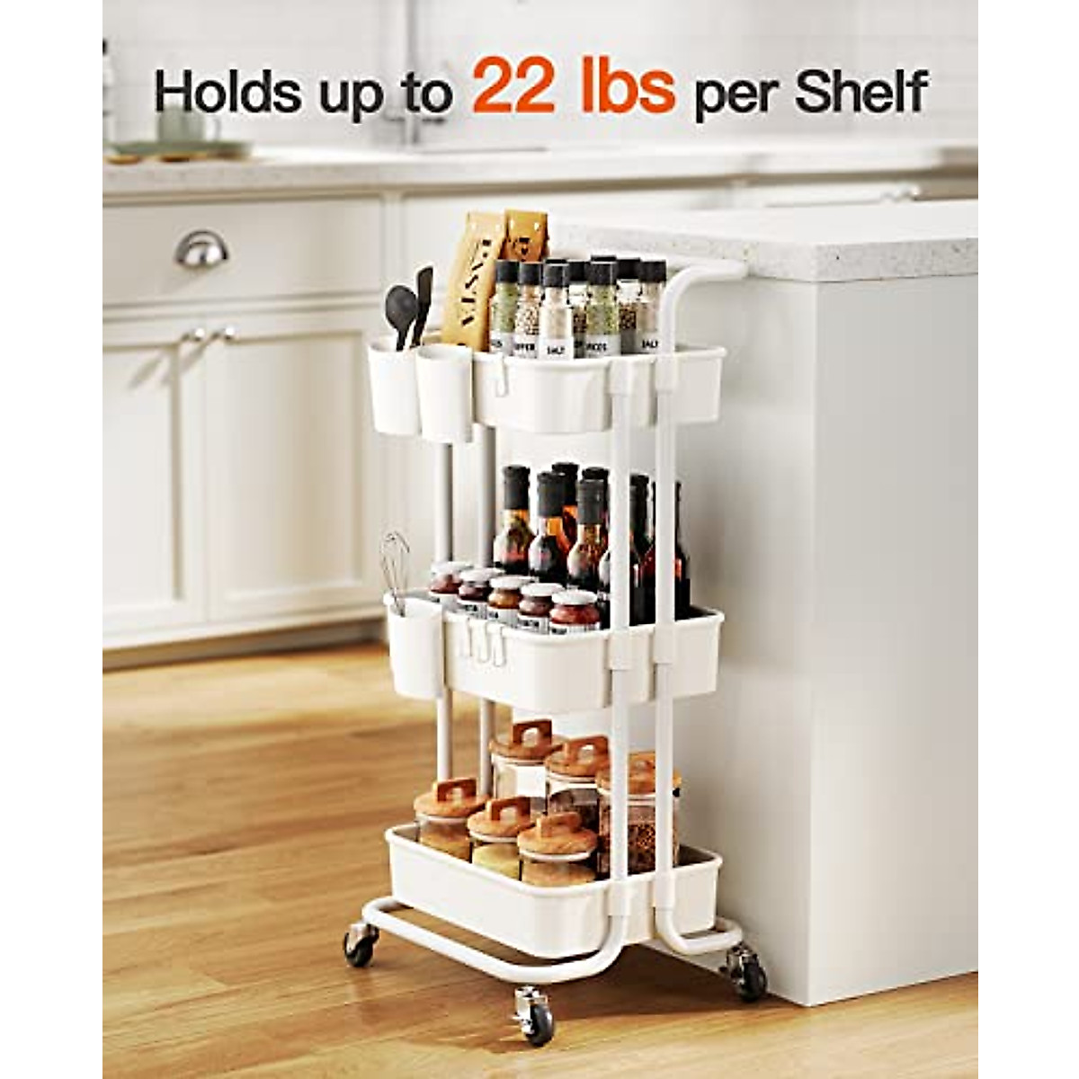 Pipishell 3-Tier Rolling Cart with Wheels - Rolling Storage Cart with Hanging Cups & Hooks - Mobile Utility Cart for Office, Kitchen, Craft Room - Art & Craft Organizer (White, PIUC06W)"