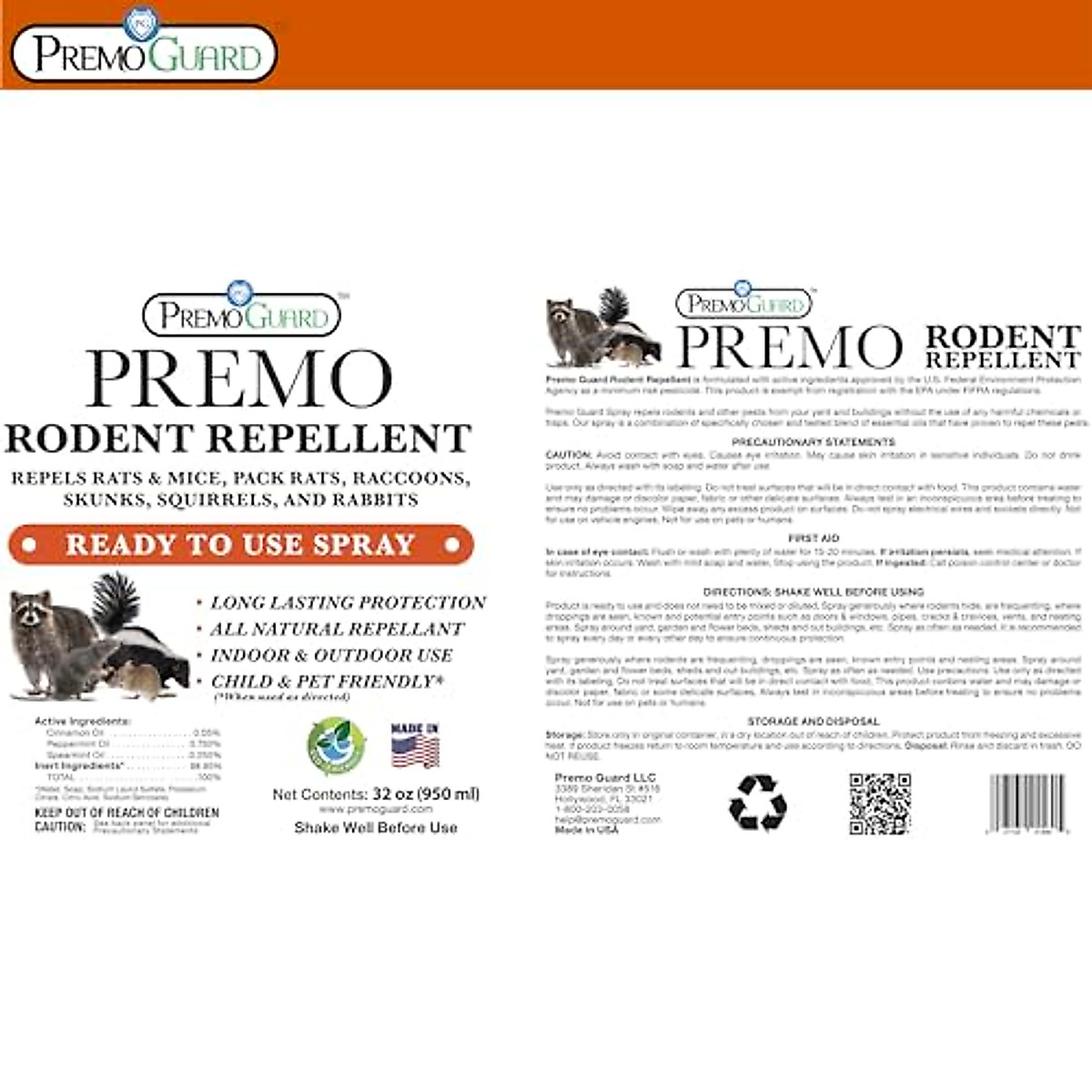 Rodent Repellent Spray by Premo Guard - 32 oz - Natural Child & Pet Safe - Uses Peppermint Oil to Repel Mice, Rats, Skunks, Raccoons, Deer & Other Unwanted Animals - Ready to Use for Indoor & Outdoor