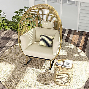 DWVO Outdoor Rocking Egg Chair, Patio Rocking Chair Oversized, 370lb Capacity, Anti-Slip, All-Weather Wicker Egg Lounger Chair for Indoor, Outside (Beige)