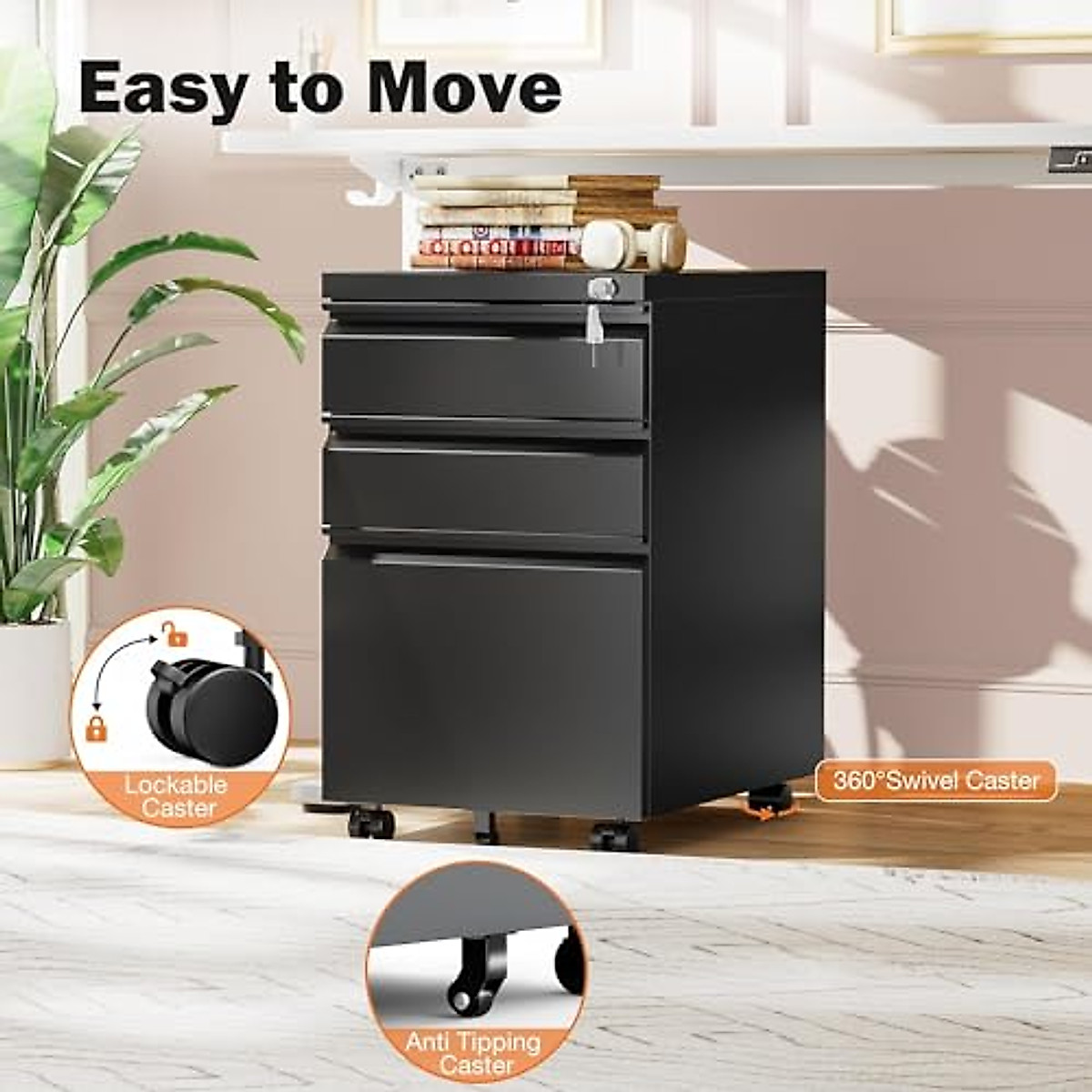 3 Drawer File Cabinet - Locking Filing Cabinet, Rolling Small Metal File Cabinets with Wheels, Under Desk storage for A4, Letter, Legal Pre-Assembled Home Office Mobile File Cabinet - Black