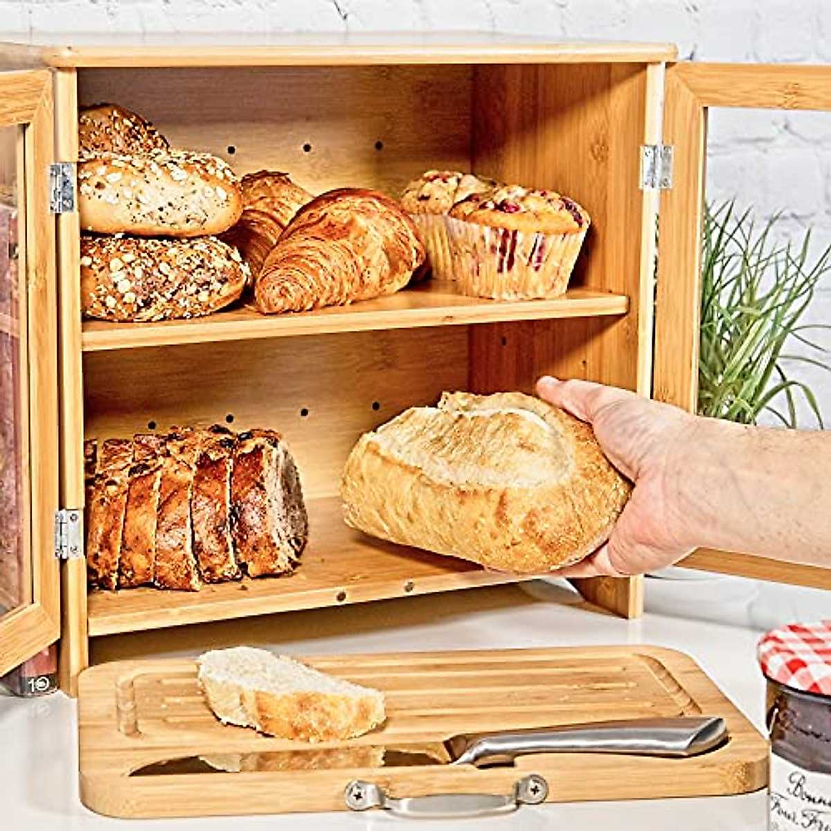 LuvURkitchen Large Bread Box for Kitchen countertop, Cutting Board, and Stainless Steel Bread Knife. Fully Adjustable shelf; bread storage container, wooden bread box, bread container, bread box large
