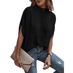 Verdusa Women's Casual Tie Back Dolman Sleeve Mock Neck Blouse Top Black L