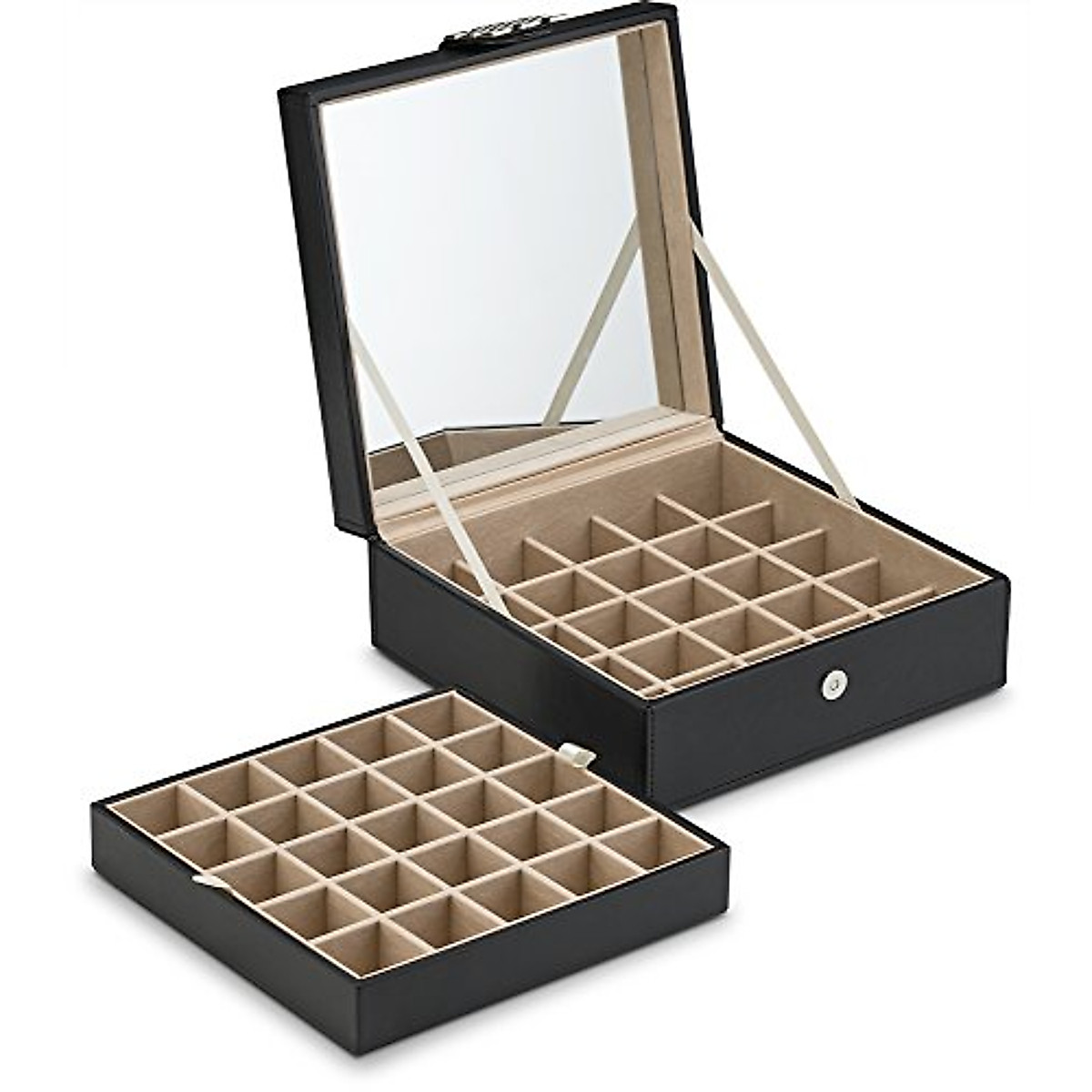 Glenor Co Classic 50 Slot Jewelry Box Earring Organizer with Large Mirror, Black