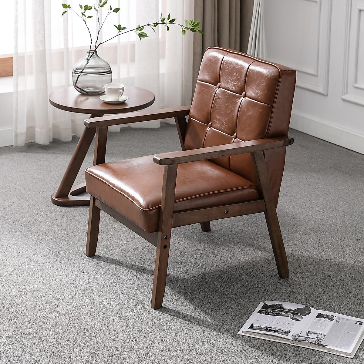Okeysen Accent Chairs Set of 2, Mid Century Modern Accent Chair, Retro Wood and Leather Armchairs Side Chair, Lounge Reading Comfy Arm Chair for Living Room, Bedroom, Office(Brown)