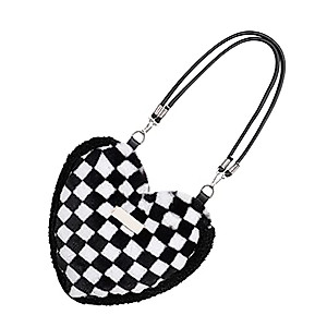 LUOZZY Lattice Pattern Plush Tote Bag Fashion Shoulder Bag Women Cross Body Bag for - Black and White Checkered