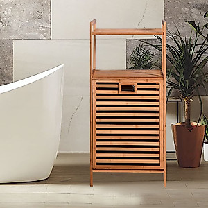 SSLine Bamboo Laundry Hamper Cabinet Organizer Floor Stand Bathroom Storage Shelf Cabinet with Tilt Out Laundry Basket Dirty Clothes Bag for Laundry Room Bathroom Bedroom Closet