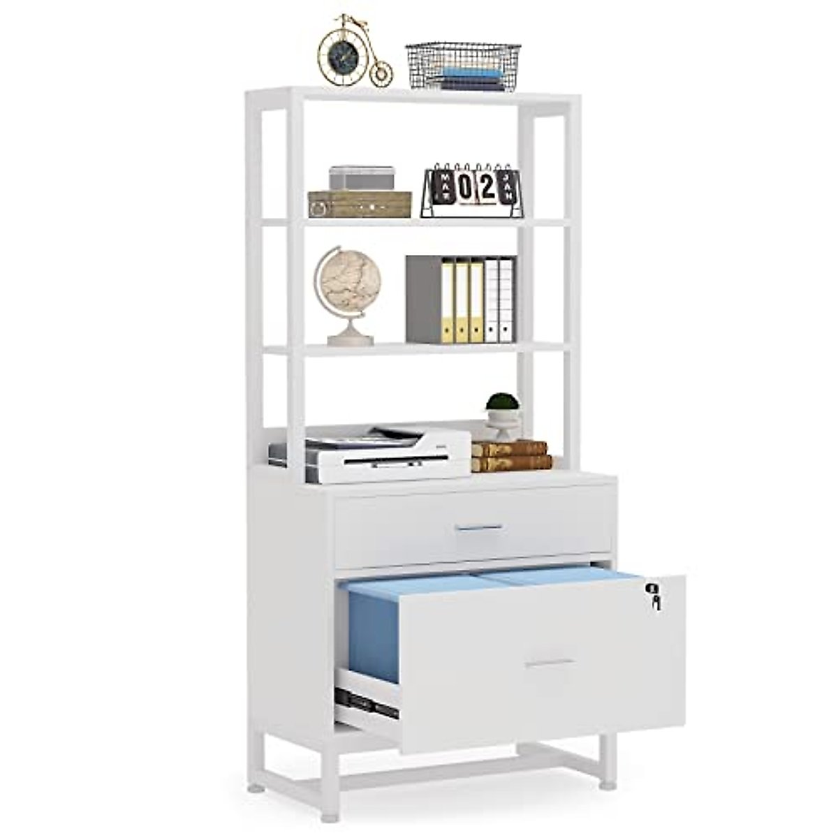 Tribesigns 2 Drawer Vertical File Cabinet with Lock & Bookshelf, Letter Size Large Modern Filing Cabinet Printer Stand with Open Storage Shelves for Home Office, White