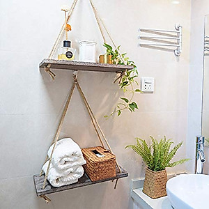 TIMEYARD Decorative Wall Hanging Shelf - Distressed Wood Jute Rope Floating Shelves - Rustic Home Wall Decor - Set of 2