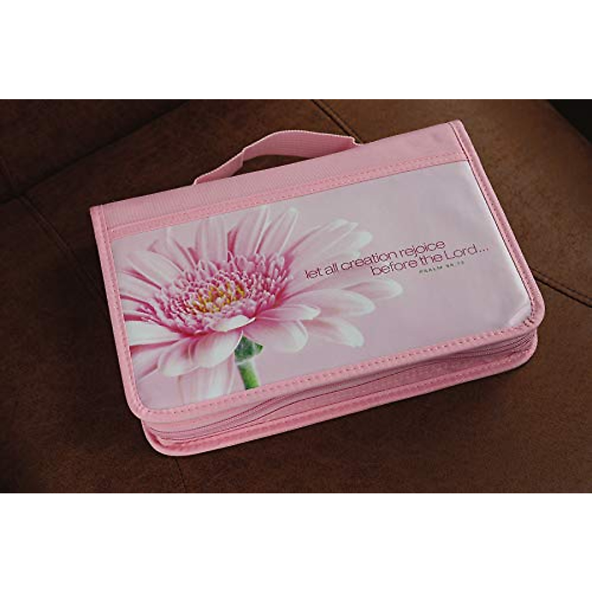 Psalm 96:13 Flower Bible Cover for Women, Zippered, with Handle, Canvas, Pink, Large