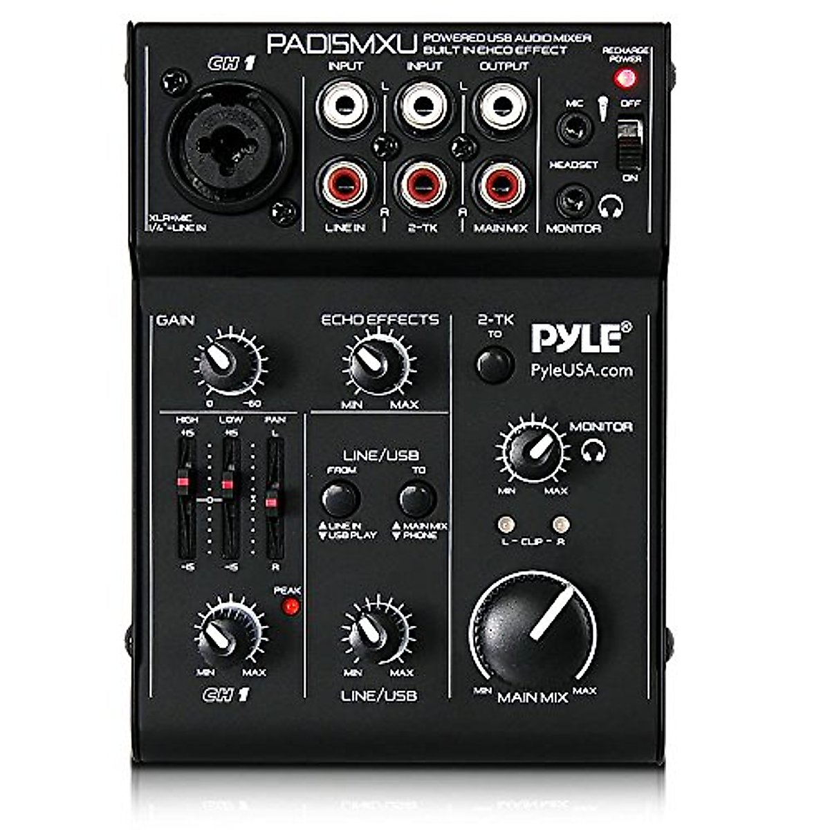 Pyle 3 Channel DJ Controller - USB Mixer Sound Audio Recording Interface with XLR & 3.5 mm Microphone Jack, Line In RCA, Rechargeable Battery, Mix Monitoring, For Professional/ Beginners - PAD15MXU