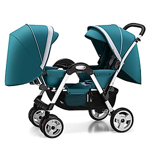 Baby Stroller for Twins-Cozy Compact Twin Stroller, Double Infant Stroller with Tandem Seating,Oversized Canopy, Tandem Umbrella Stroller for Girls Boys (Color : Green)