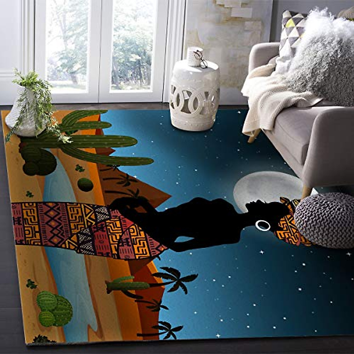 ARTSHOWING Ultra Soft Area Rugs African American Woman Afro Lady Cactus Desert Night Indoor Living Room Decor Carpets for Children Bedroom Home Nursery, 2'x3'