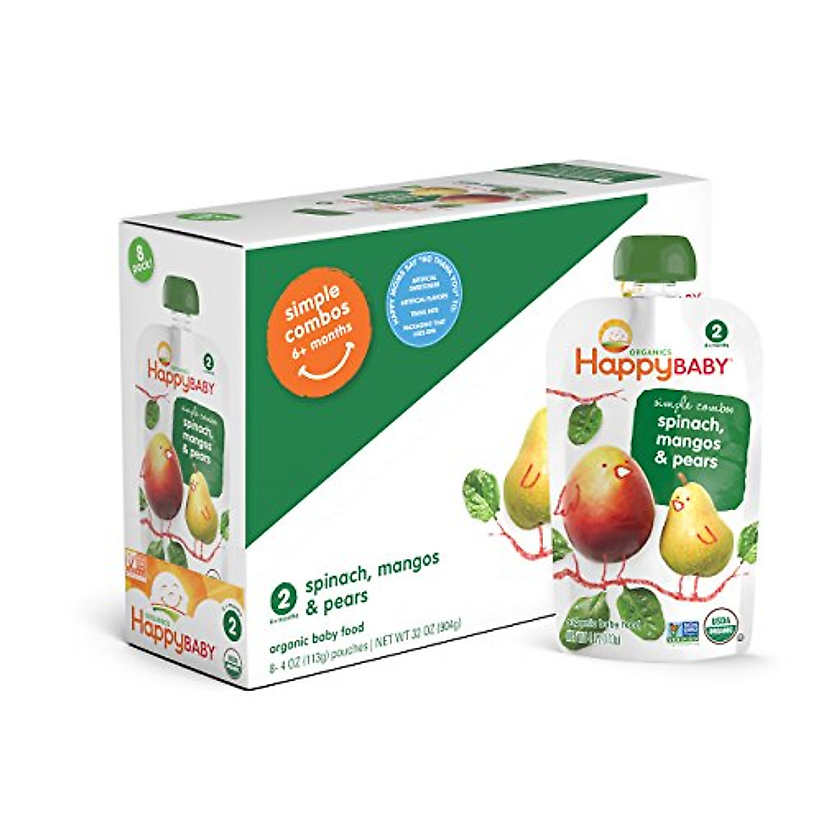 Happy Baby Organic Stage 2 Baby Food Simple Combos Pear Mango Spinach, 4 Ounce Pouch (Pack of 8) Resealable Baby Food Pouches, Fruit & Veggie Puree, Organic Non-GMO Gluten Free Kosher