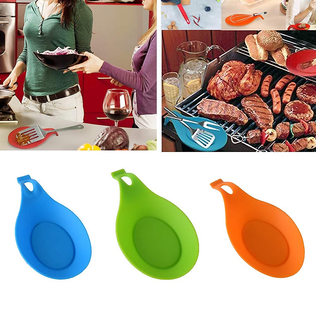 Kitchen Silicone Spoon Rest, 3 Pack Flexible Almond-Shaped Spoon Ladle Holder, Silicone Cooking Utensil Rest