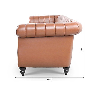 TMEOSK 84" PU Leather Sofa Couch, Mid-Century Modern Chesterfield Three Seater Sofa, Loveseat Sofa with Rolled Arm for Living Room, Dorm, Office (Brown)