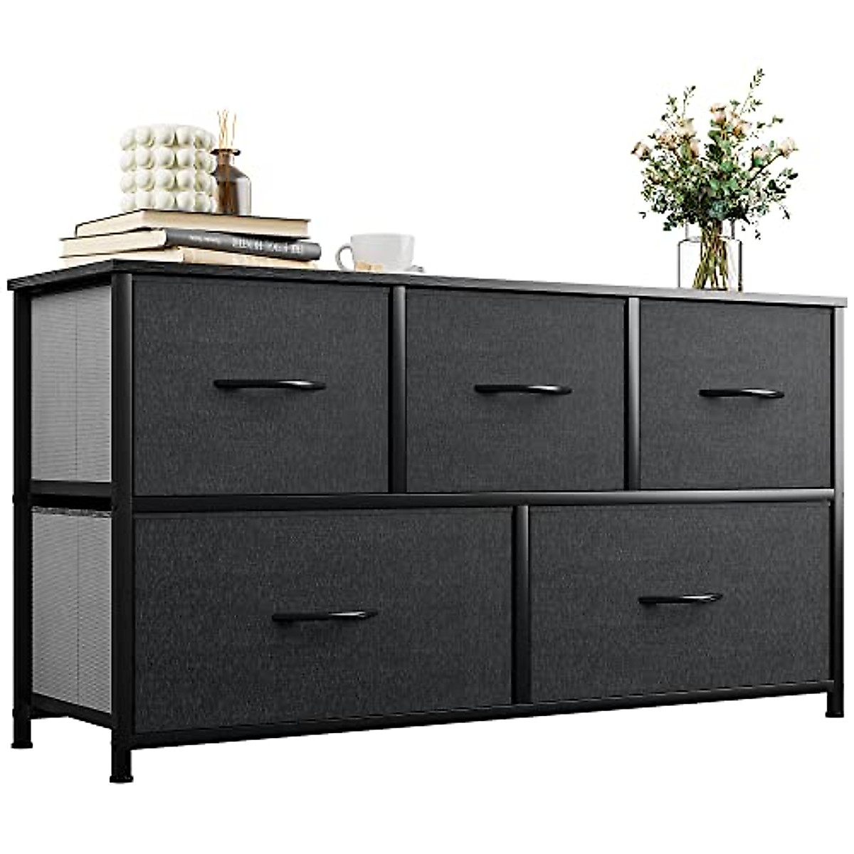 YITAHOME Wide Storage Tower with 5 Drawers - Fabric Dresser, Organizer Unit for Bedroom, Living Room, Closets & Nursery - Sturdy Steel Frame, Easy Pull Fabric Bins & Wooden Top (Black/Grey)