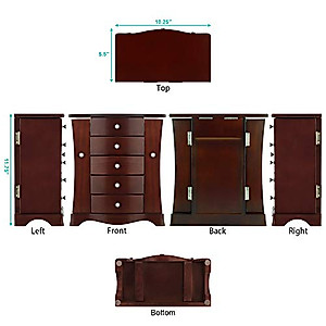 RR ROUND RICH DESIGN Jewelry Box - Made of Solid Wood with Tower Style 4 Drawers Organizer and 2 Separated Open Doors on 2 Sides and Large Mirror Brown