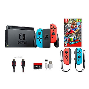 Nintendo Switch Bundle (6 items): 32GB Console Neon Red Blue Joy-con, Game Disc Super Mario Odyssey, Extra Pair of Joy-con Red and Blue,128GB Micro SD Card, Type C Cable, HDMI Cable