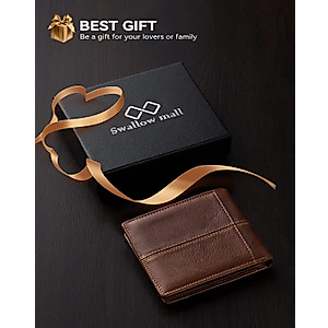 Swallowmall Mens Wallet RFID Blocking Genuine Leather Bifold Wallets For Men, ID Window 16 Card Holders with Gift Box