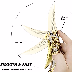 IKORES Pocket Knife, 3.5 inch Folding Knife with with 3D Golden Dargon Relief Handle, Pocket Knife for Men Women, Everyday Carry EDC and Hiking Camping Knives