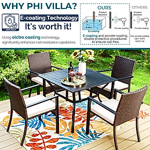 PHI VILLA 5 Pieces Outdoor Dining Set with Umbrella for 4, 37" Square Metal Dining Table & 4 Cushioned Wicker Rattan Chairs with 10ft Beige Umbrella for Patio, Deck, Yard, Porch