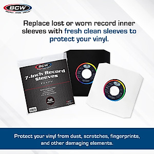 BCW 7 Inch Vinyl Record Paper Inner Sleeves - Angle Cut Corners - Black | Pack of 50 | Protective LP Album Sleeves for Vinyl Storage and Preservation | Compatible with 45 RPM Albums
