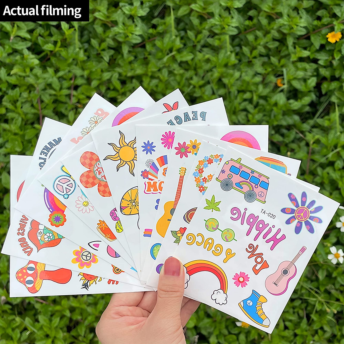 TATUWST Hippie Temporary Tattoos for man and Women Adult 70’s Groovy Hippie Love and Peace Rainbow Waterproof Face Body Waterproof Body Party Accessories,79 styles Tiny Removable Fake Tattoo stickers