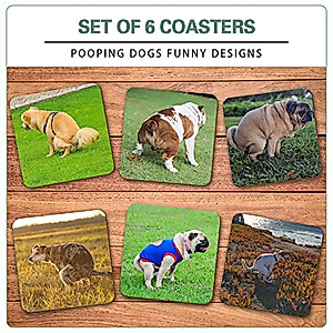 Funny Coasters for Drinks, 6 Piece Pooping Dogs Cute Coasters, Absorbent Cork Base Apartment Decor for Dog Lovers & Puppy Owners, White Elephant Party Gag Gift