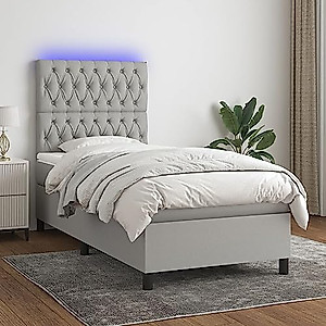 vidaXL Box Spring Bed with Mattress and LED Bedroom Upholstered Single Bed Frame Base Mattress Protector Foam Topper Light Gray Twin XL Fabric