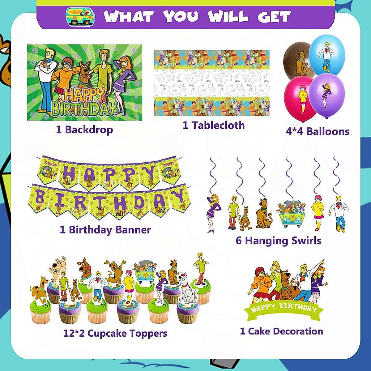 Scooby Dog Doo Birthday Party Supplies, Dog Party Decorations Including Birthday Banner, Backdrop, Hanging Swirls, Tablecloth, Balloons, Cake Toppers for Dog Party Supplies