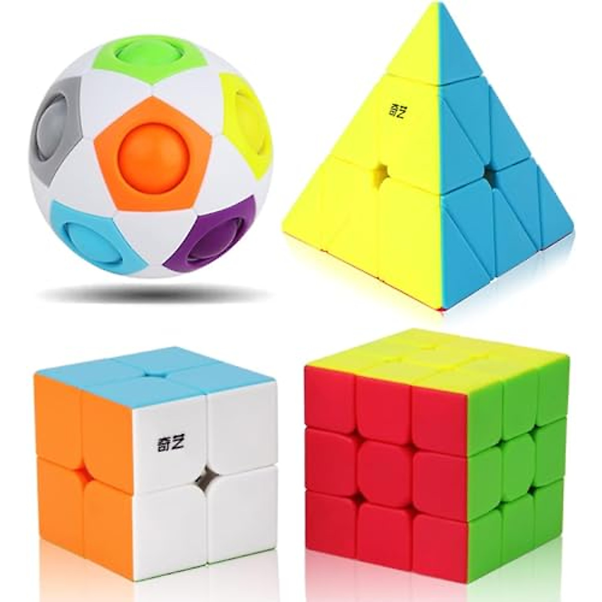 Roxenda Speed Cube Set, Speed Cube Bundle of 2x2 3x3 Pyramid Cube and Magic Rainbow Ball Smoothly Magic Cubes Collection for Kids Teens & Adults [4 Pack] (Stickerless)