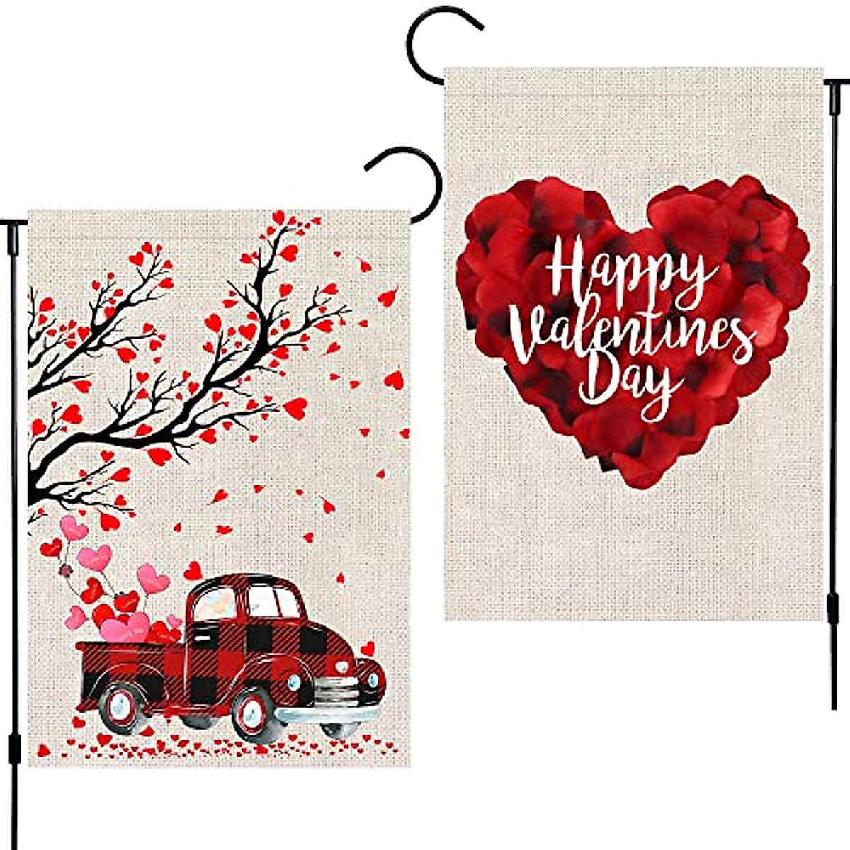 Mocossmy Valentine's Day Garden Flag,2 PCS Double Sided Heart Rose Love Tree Red Truck Decorative Burlap House Flag Yard Banner for Valentine's Day Wedding Anniversary Spring Outdoor Decoration