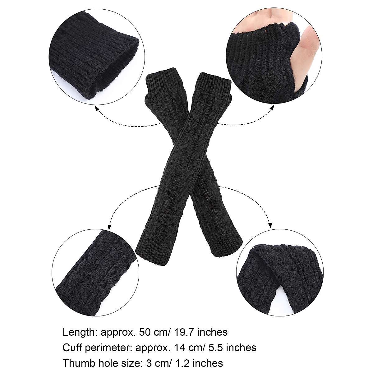 Bememo 3 Pairs Arm Warmers Long Fingerless Gloves Knit Wrist Warmers with Thumb Hole Open Finger Arm Socks for Women Adult(Black, White, Dark Gray)