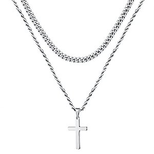 Yooblue Cross Necklace for Men, Mens Necklace Silver Layered Rope Chain Cross Pendant Simple Necklace Jewelry Dainty Cross Chain Necklace for Men Women 18 20 Inch Mens Gifts Chains for Men
