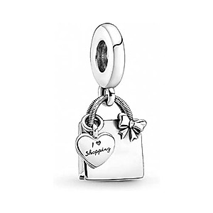 Shopping Bag Dangle Charm 925 Sterling Silver Pendant,Girl Jewelry Beads Gifts for Women Bracelet&Necklace A0227