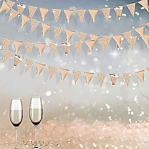 30 Ft Champagne Gold Double Sided Glitter Metallic Triangle Flag Bunting Pennant Banner for Wedding Birthday Holiday Festivals Anniversary Bridal Shower Hen Party Theme Party Decoration Supplies