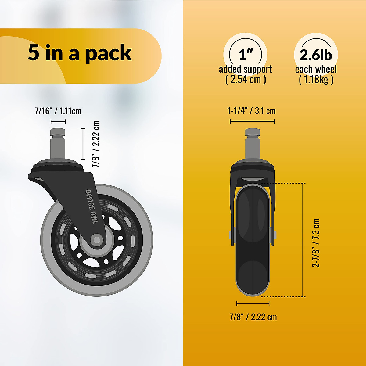 Office Owl Set of 5 Replacement Chair Caster Wheels for Desk & Gaming - Clear - NOT Compatible with IKEA Chairs