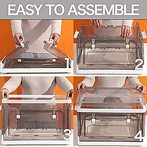 EZOWare 15 Quart Stackable Lidded Plastic Storage Bins with Front Opening and Wheels, 2 Pack Foldable Organizer Cube Box Containers with Latch Lid - White and Clear Gray