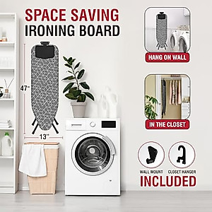 D-Crease+ 48" X 13" Full Metal Ironing Board W/Silicon Iron Rest, Wall Mount & Closet Hanger, Full Metal Heavy Duty Construction, Heat & Scorch Resistant Fabric, 36" Height Adjustable