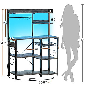 Aheaplus Bakers Rack with Power Outlet and LED Light Strings, Microwave Oven Stand Kitchen Storage Shelf with Wire Basket, Coffee Bar Station Island Table with 10 Hooks for Spices, Pots, Black Oak