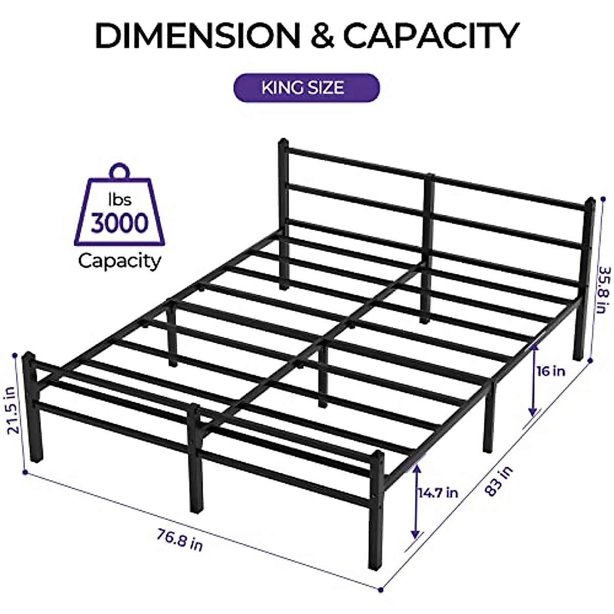 GreenForest King Size Bed Frame with Headboard Easy Assemble, 14 inch Heavy Duty Metal Platform Bed Base with Storage No Box Spring Needed Mattress Foundation, Noise Free, Black