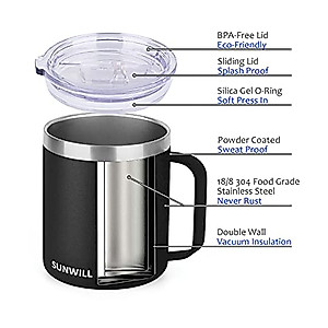 SUNWILL Coffee Mug with Handle, 14oz Insulated Stainless Steel Reusable Coffee Cup, Double Wall Coffee Travel Mug, Powder Coated Black